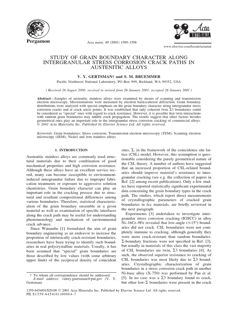 Study of Grain Boundary Character Along Intergranular Stress Corrosion Crack Paths in Austenitic ...