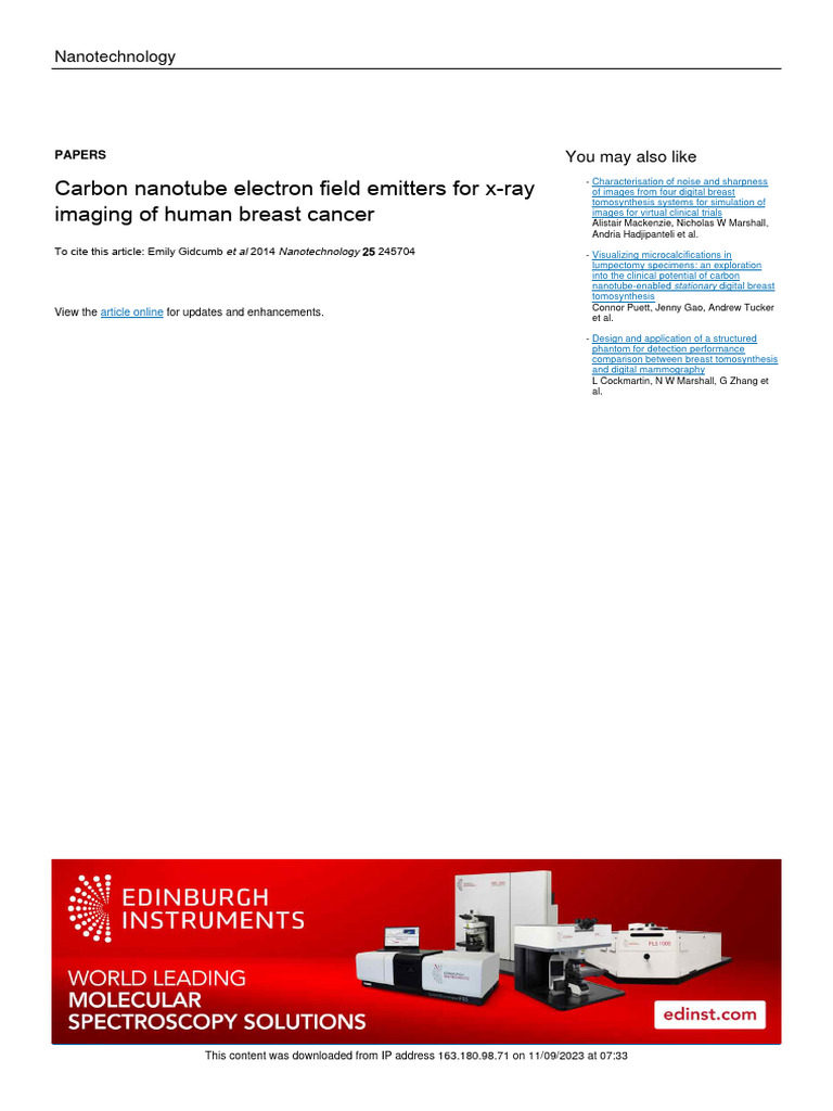 Carbon Nanotube Electron Field Emitters For X-Ray Imaging of Human Breast Cancer | PDF | Carbon ...