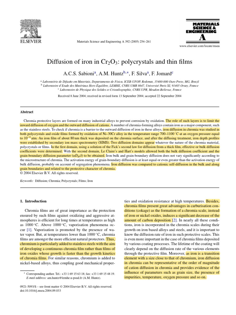 Diffusion of Iron in Cr2O - Polycrystals and Thin Films | PDF ...