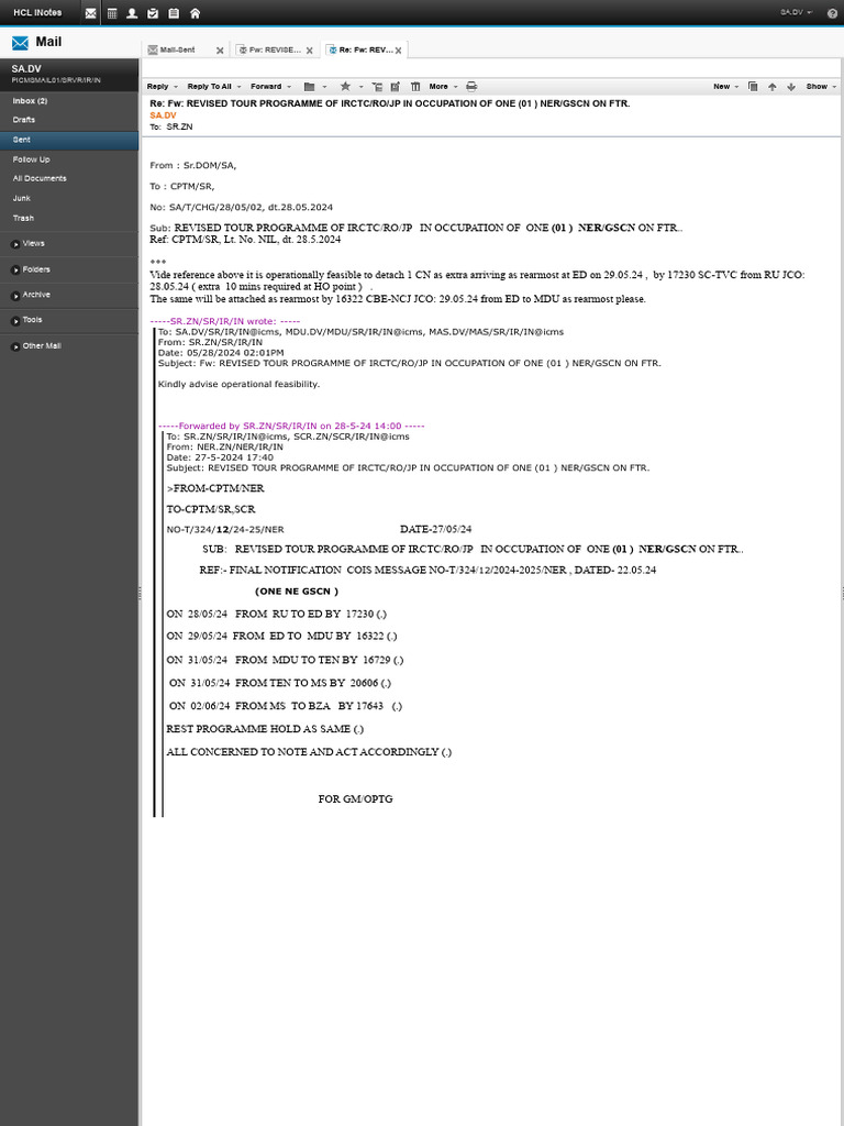 Re - FW - REVISED TOUR PROGRAMME OF IRCTC - RO - JP IN OCCUPATION OF ...