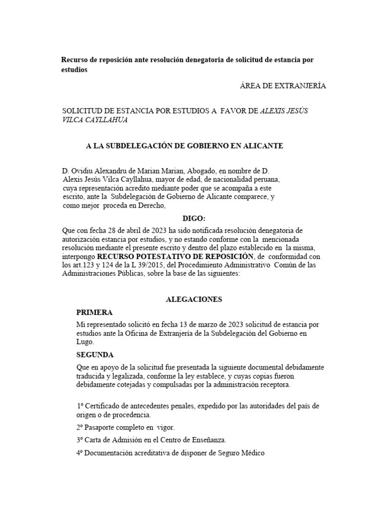 Modelo de Recurso de Reposición Ante Resolución Denegatoria de Residencia Por Razón de Arraigo ...