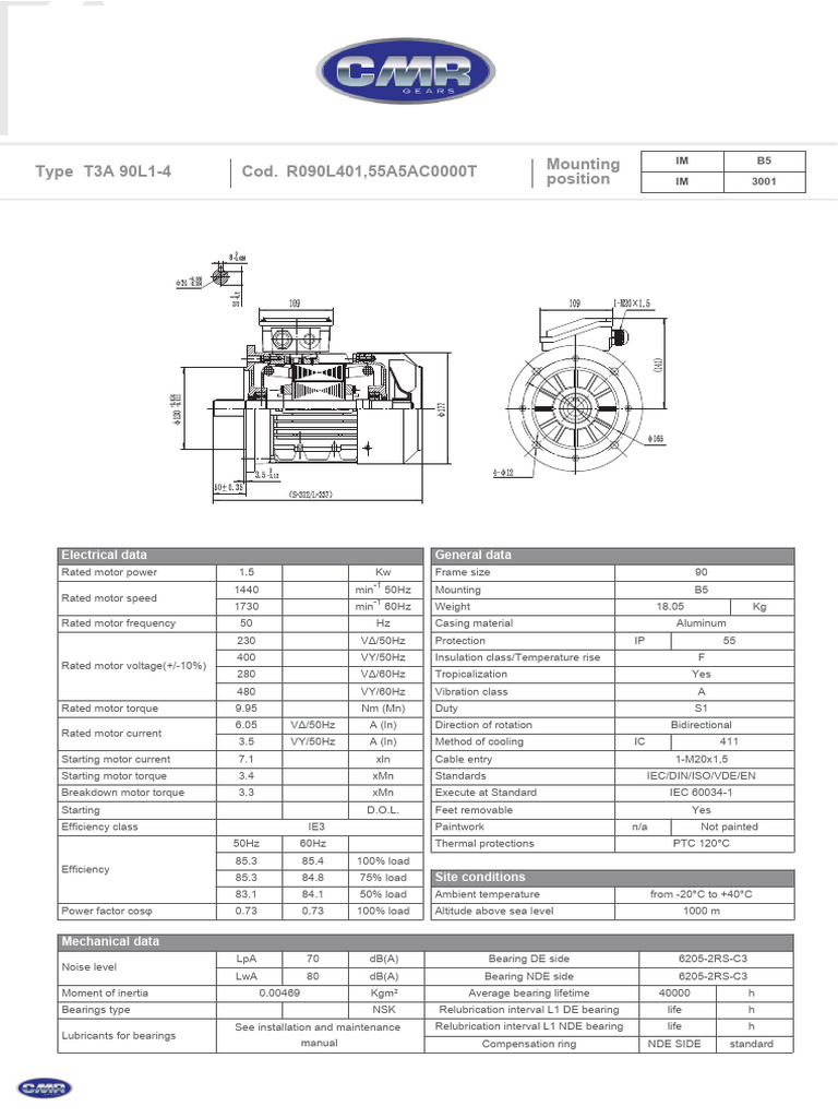 Data Sheet For Three-Phase Squirrel-Cage Motor: Type T3A 90L1-4 Cod ...