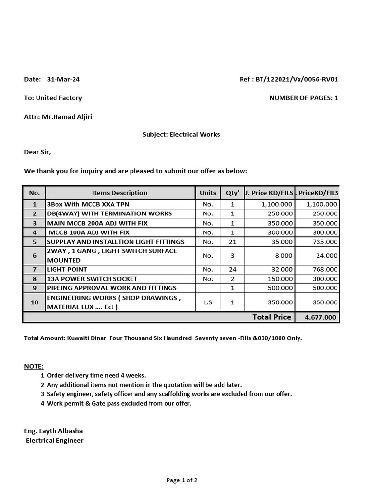 Electrical Works Quotation Summary | PDF | Home & Garden