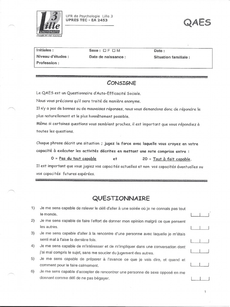 Questionnaire D'auto-Efficacité Sociale (QAES) | PDF