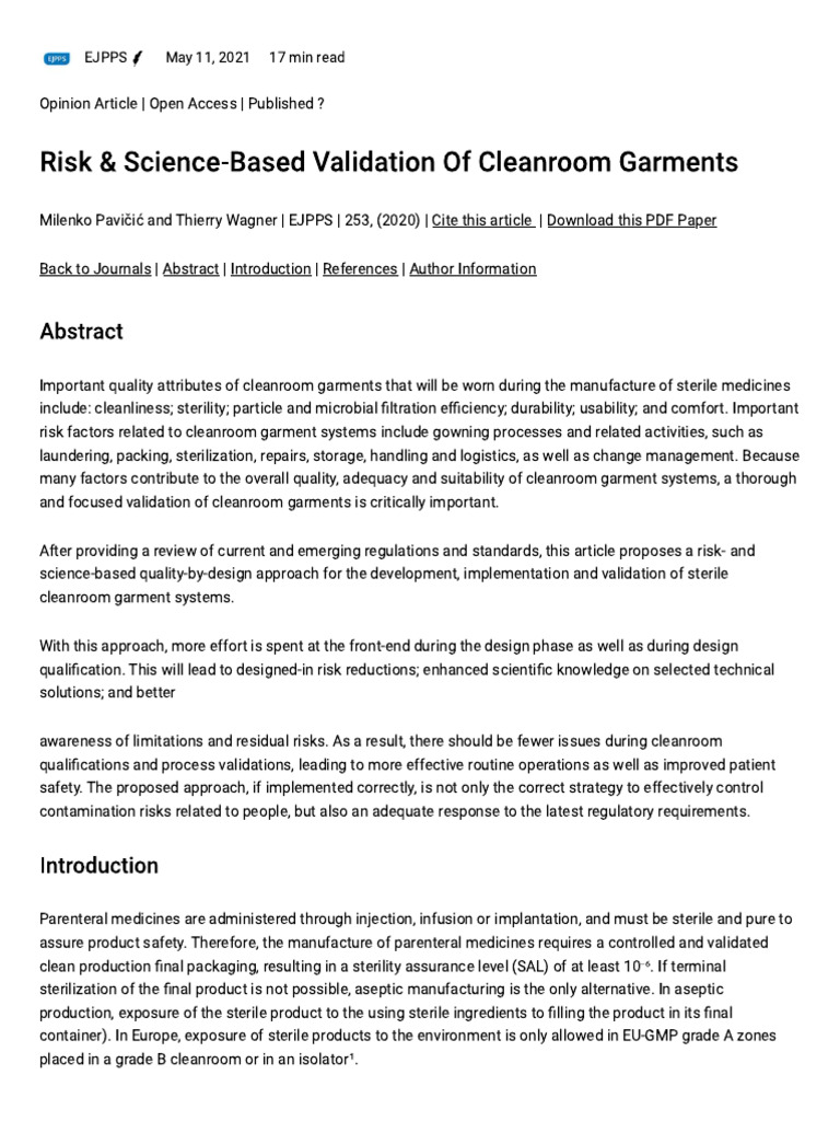 Risk & Science-Based Validation of Cleanroom Garments | PDF