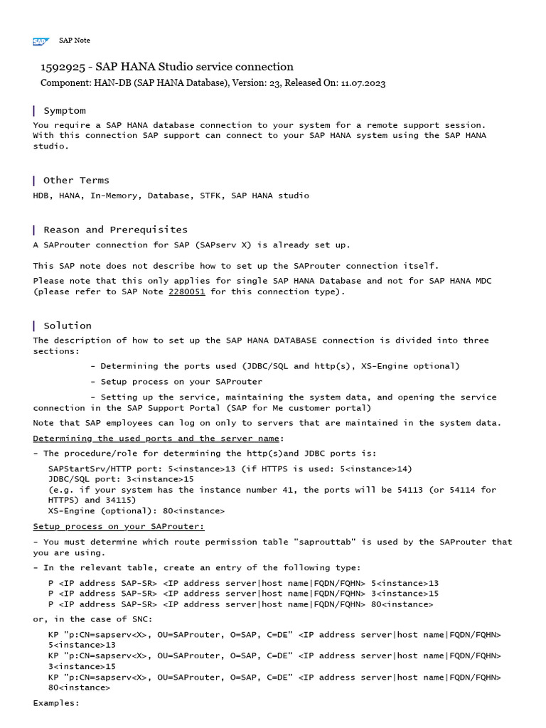 SAP HANA Studio Service Connection: Symptom | Download Free PDF | Databases | Sql