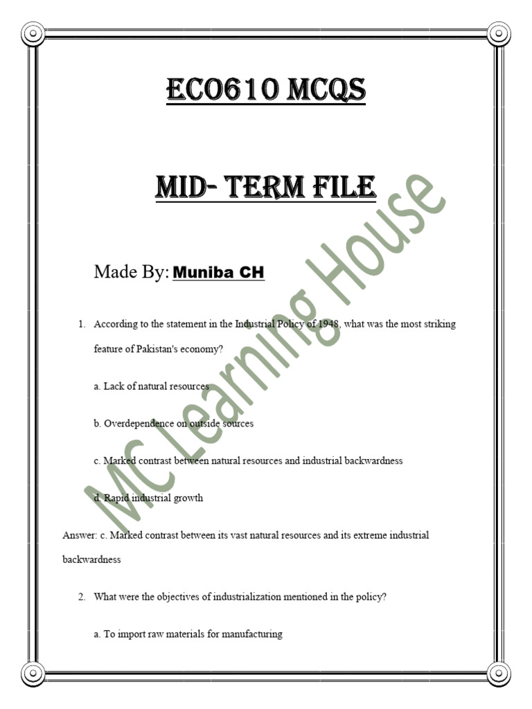 Eco610 Mcqs Midterm | PDF | Pervez Musharraf | Benazir Bhutto