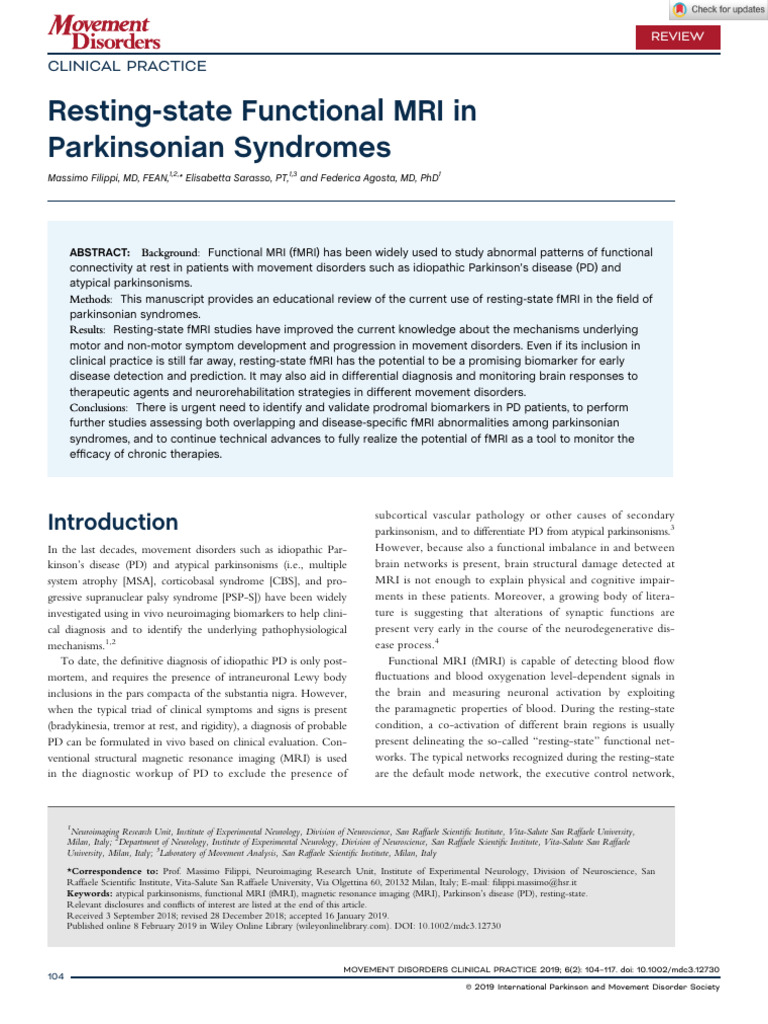 Movement Disord Clin Pract - 2019 - Filippi - Resting State Functional MRI in Parkinsonian ...