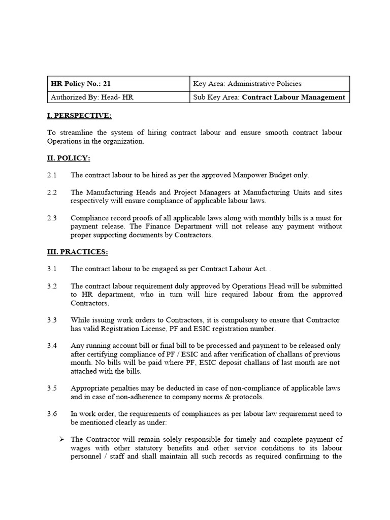 Contract Labour Management Policy | PDF | Employment | Labour Law