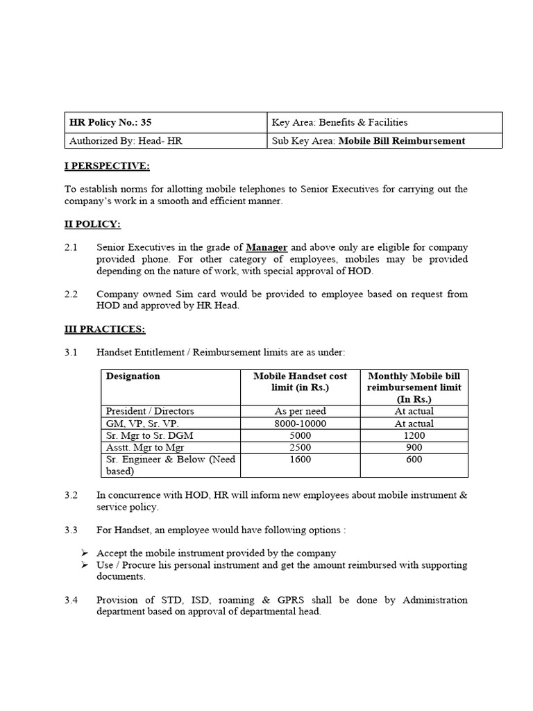 SOP (Mobile Bill Reimbursement) | PDF | Mobile Phones | Employment