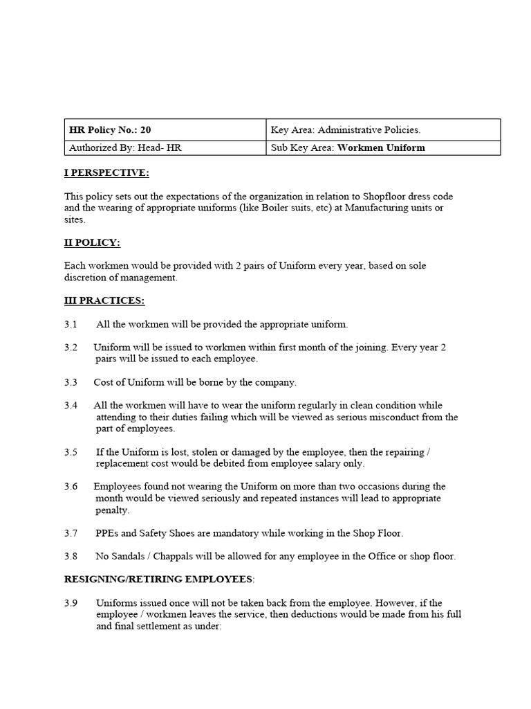 SOP (Workmen Uniform) | PDF | Finance & Money Management