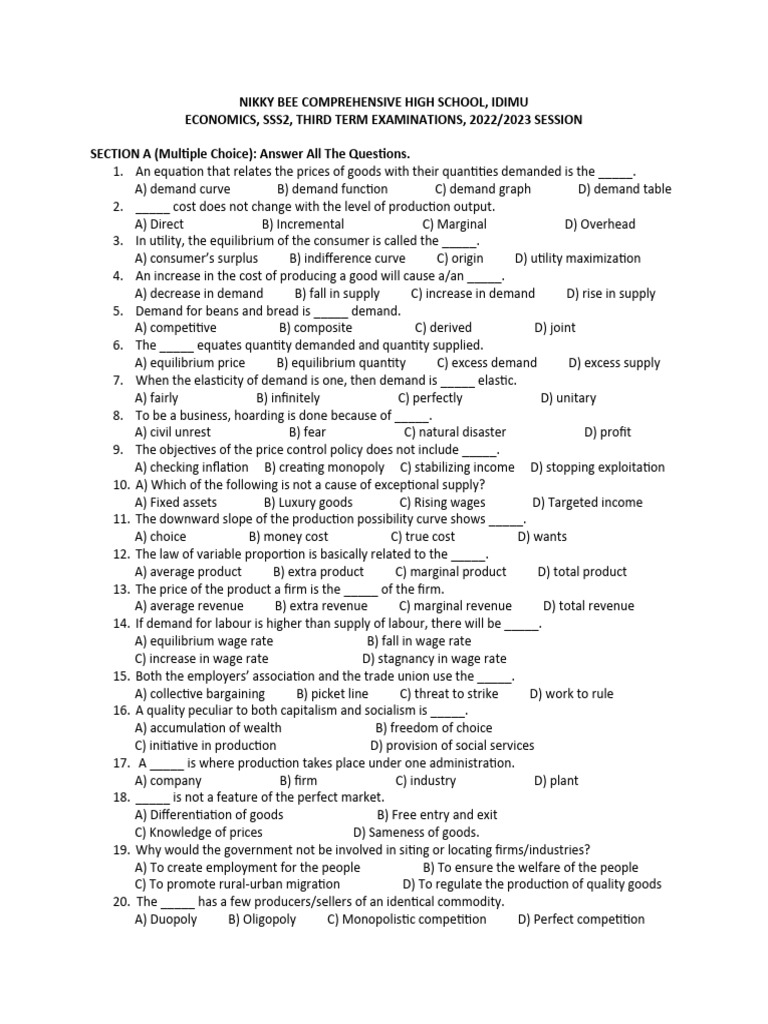 SSS2 Economics, 3rd Term, 2022-2023 Session. | PDF | Cost Of Living | Demand