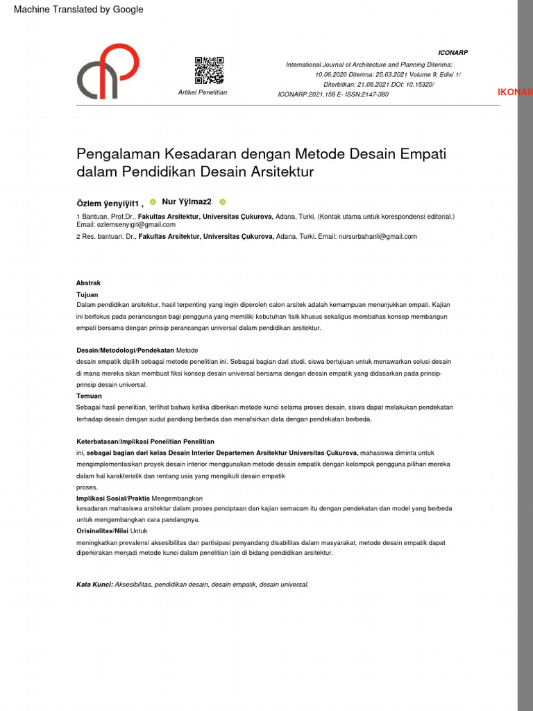 An Awareness Experience by Empathic Design Methode in Architectural Design Education | PDF