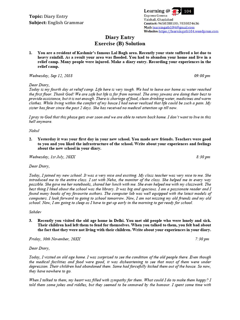 Diary Entry Exercise B Solution | PDF | Home & Garden | Religion ...
