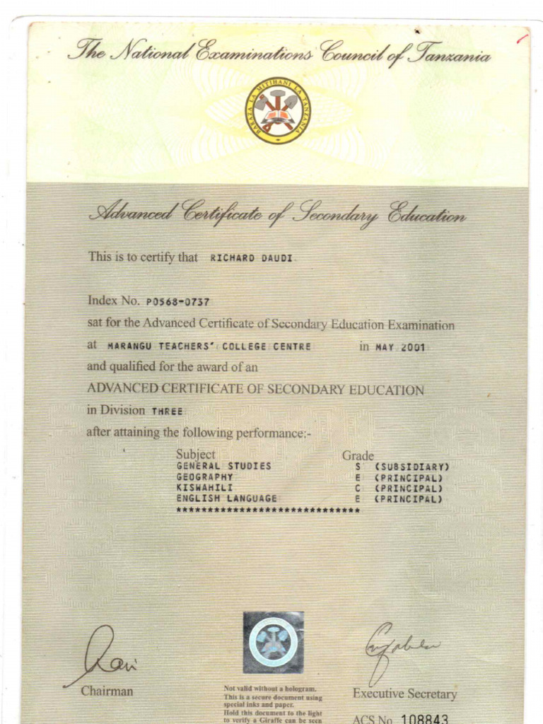 FORM VI certificate from tanzania school | PDF
