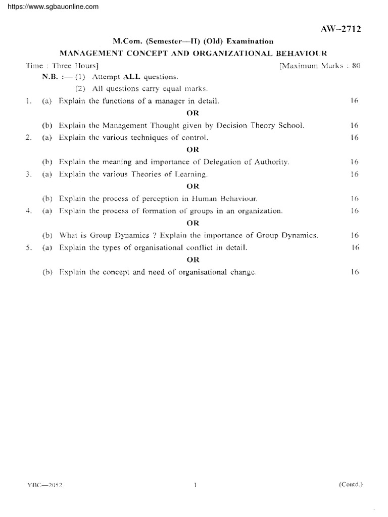 Mcom 2 Sem Management Concept N Organizational Behaviour Old S 2019 | PDF
