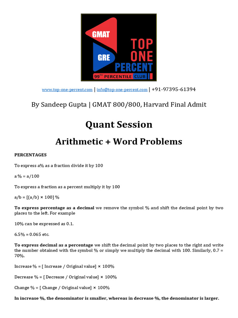 Arithmetic + Word Problems Concepts | PDF | Speed | Percentage