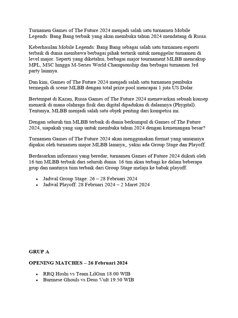 Turnamen MLBB: Games of The Future 2024 | PDF