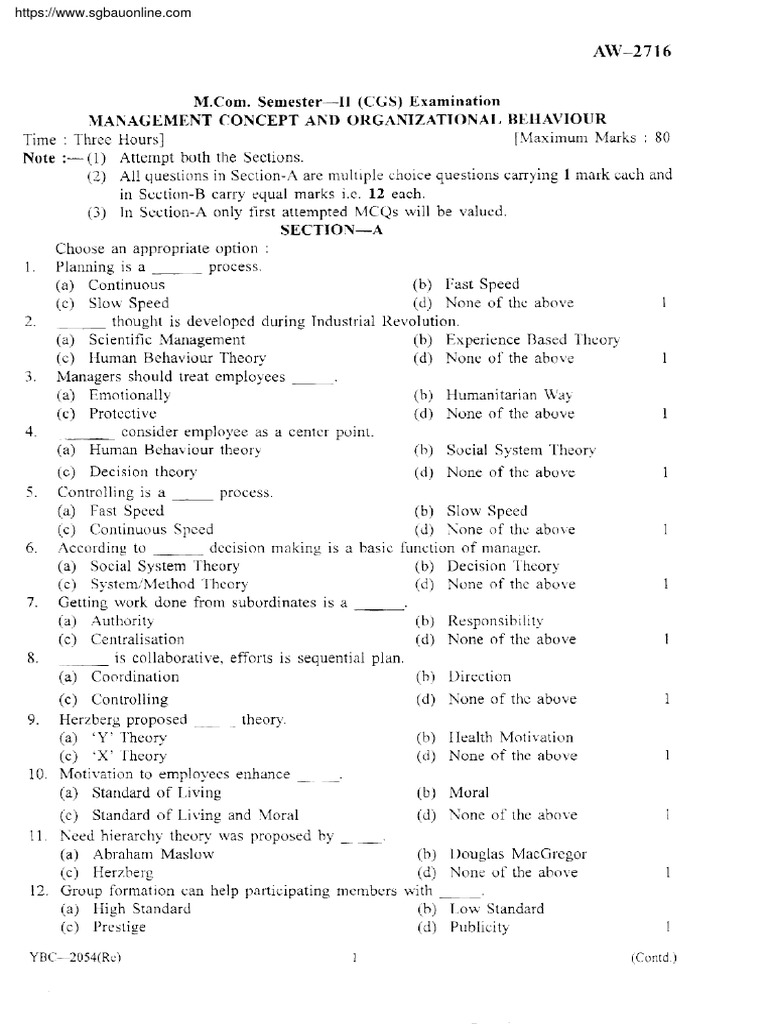 Mcom 2 Sem Management Concept N Organizational Behaviour S 2019 | Download Free PDF | Theory ...