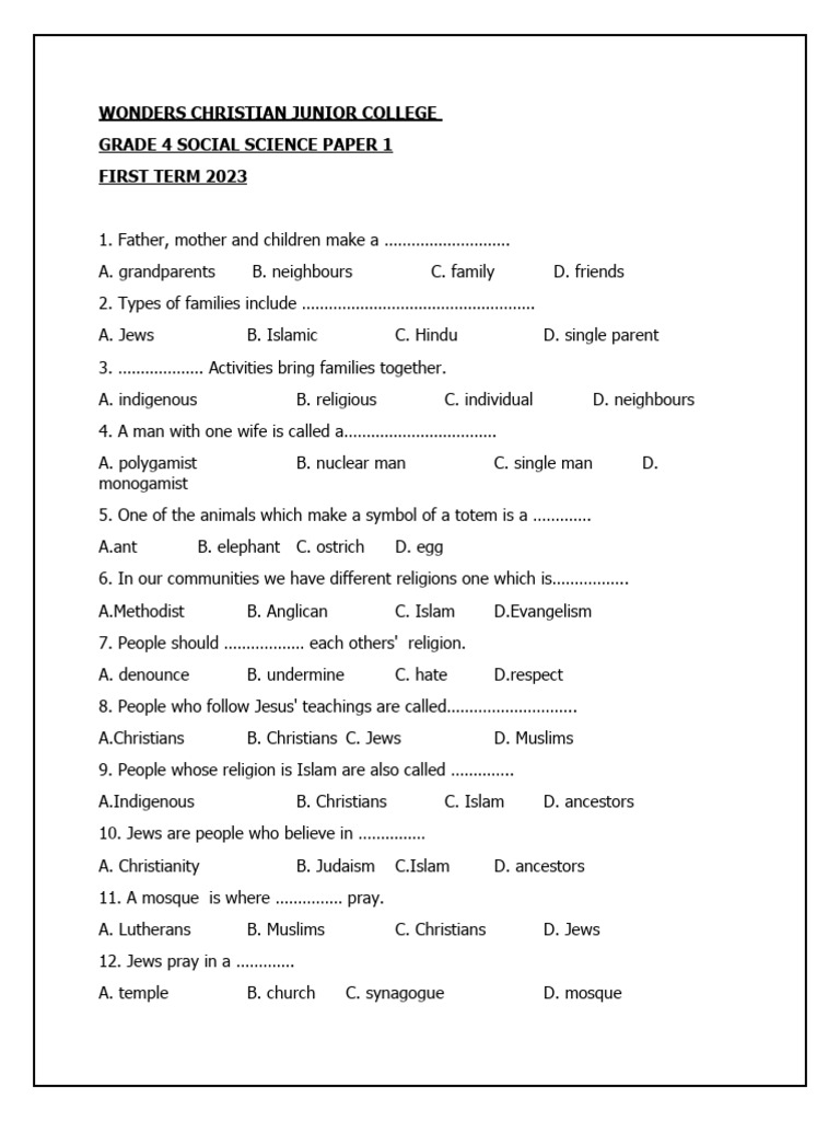 Grade 4 Social Science Exam Questions | PDF | Jesus | Baptism