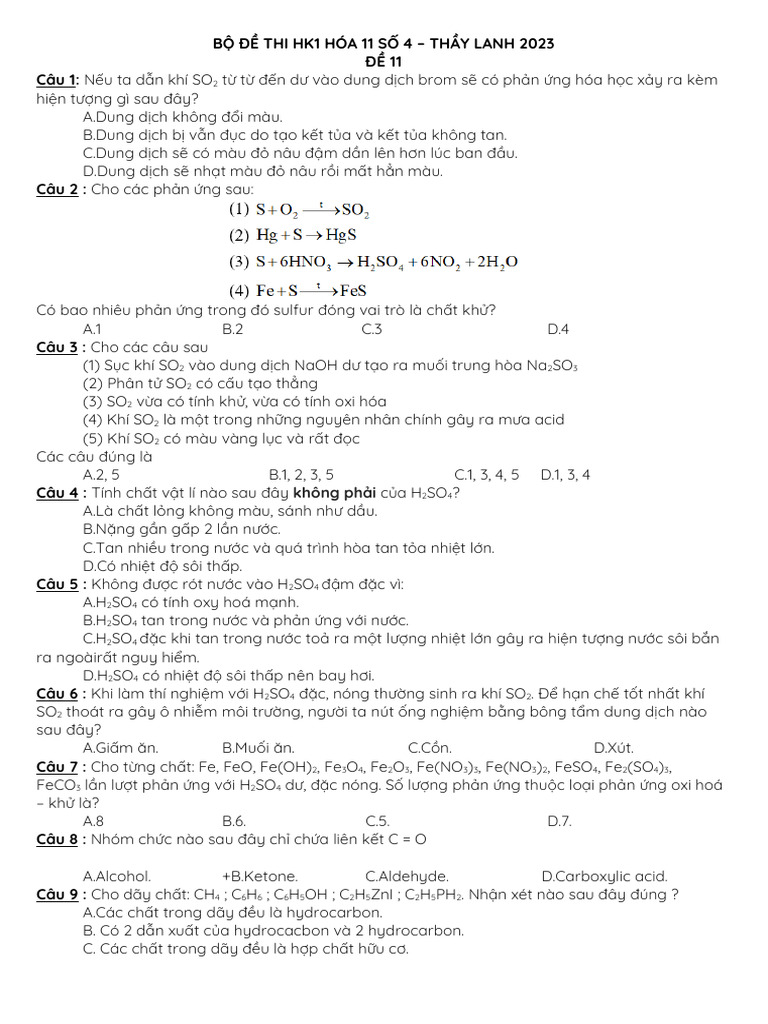 BỘ ĐỀ THI HK1 HÓA 11 TẬP SỐ 4 THẦY LANH | PDF