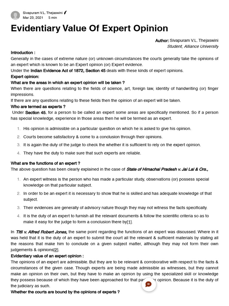 Evidentiary Value of Expert Opinion | PDF | Expert Witness | Evidence (Law)