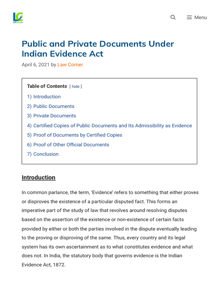 Public and Private Documents Under Indian Evidence Act - Law Cor | PDF ...