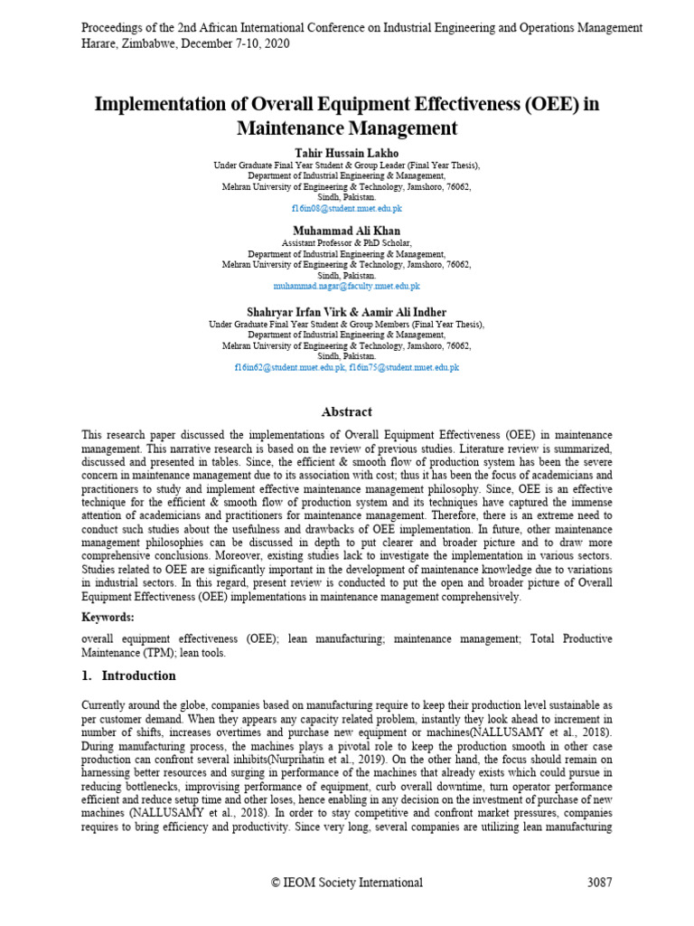 Implementation of Overall Equipment Effectiveness (OEE) in Maintenance Management | PDF | Lean ...