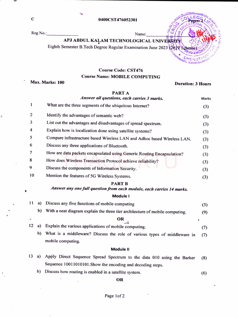 CST476 Mobile Computing, June 2023 | PDF | Wireless Lan | Internet Protocols