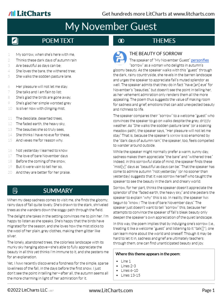 LitCharts My November Guest | Download Free PDF | Poetry | Metre (Poetry)