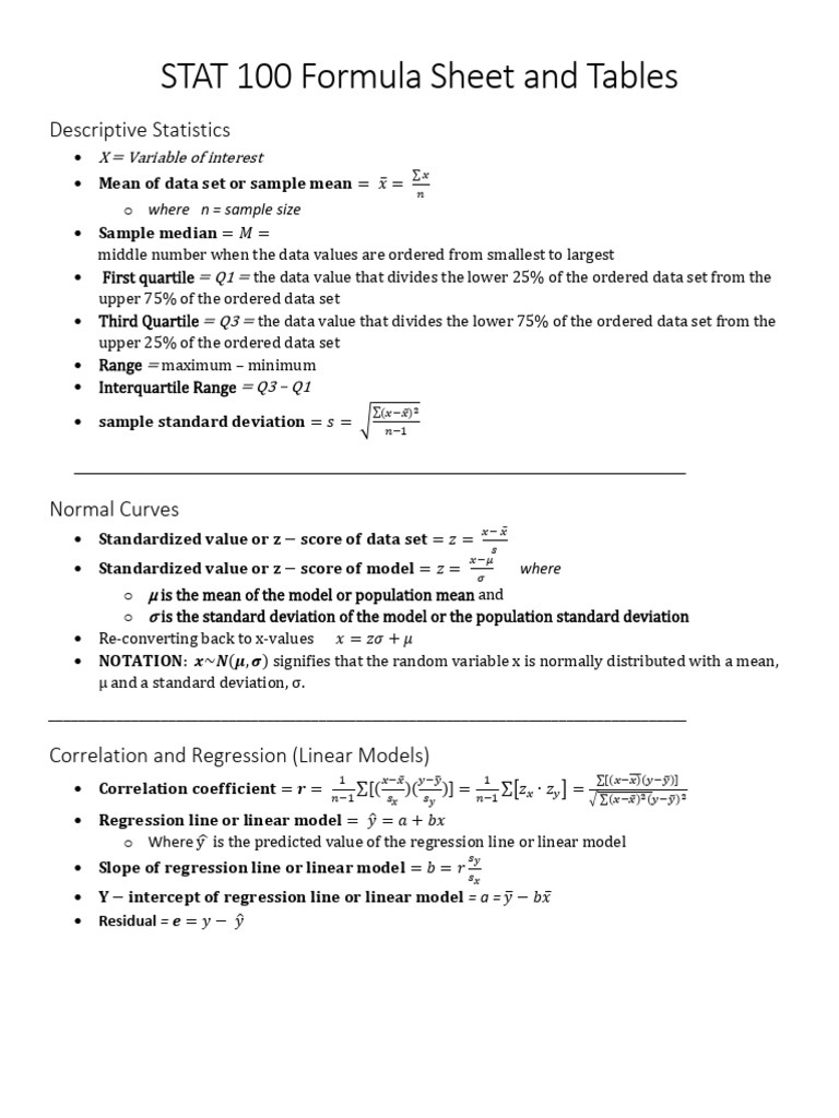 STAT 100 Formula Sheet Overview | PDF | Quartile | Standard Score