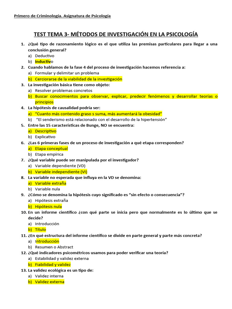 Test de Métodos de Investigación | PDF | Experimentar | Hipótesis