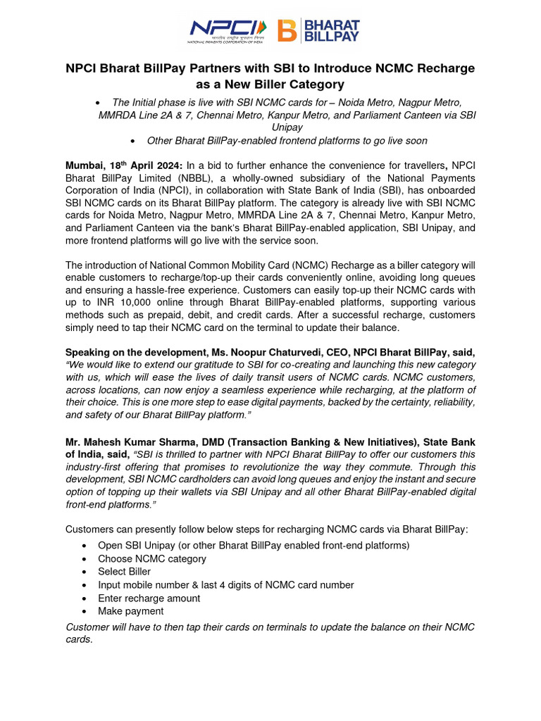 NBBL Press Release NPCI Bharat BillPay Partners With SBI To Introduce ...