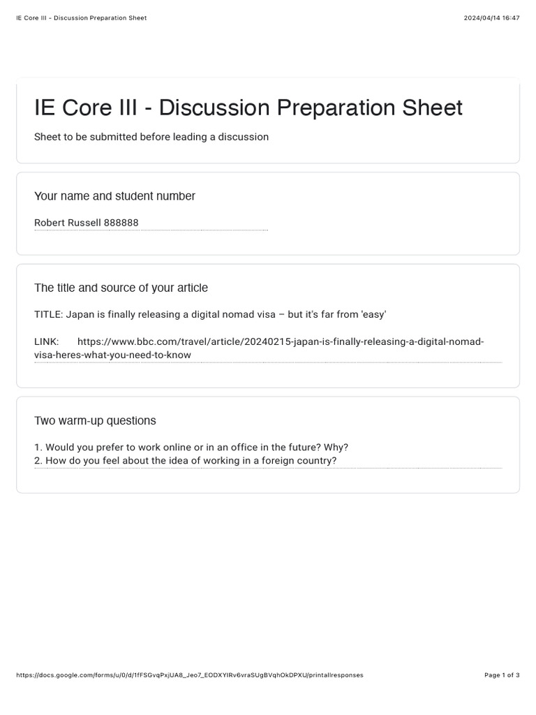 Discussion Preparation Sheet | PDF | Cost Of Living | Travel Visa