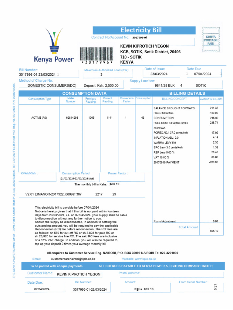 Kenya Power Electricity Bill Sample | PDF | Value Added Tax | Cheque