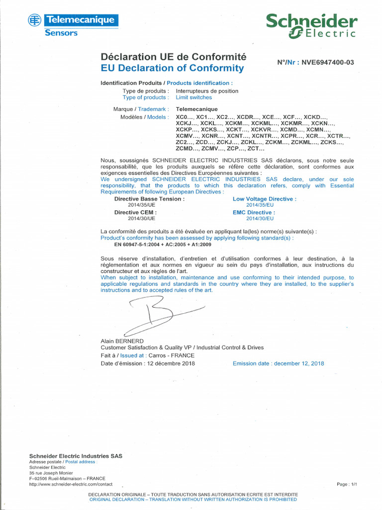 Limit Switch Conformity Certificate | PDF