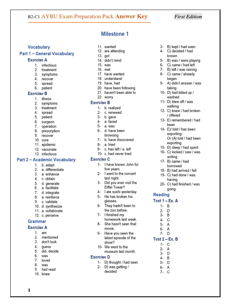 Answer Key PDF File For First Edition B2-C1 AYBU Exm Pack | PDF