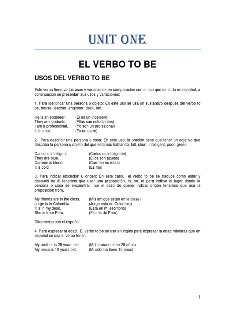 Unit One El Verbo To Be Usos Del Verbo T | PDF | Verbo | Asunto (gramática)