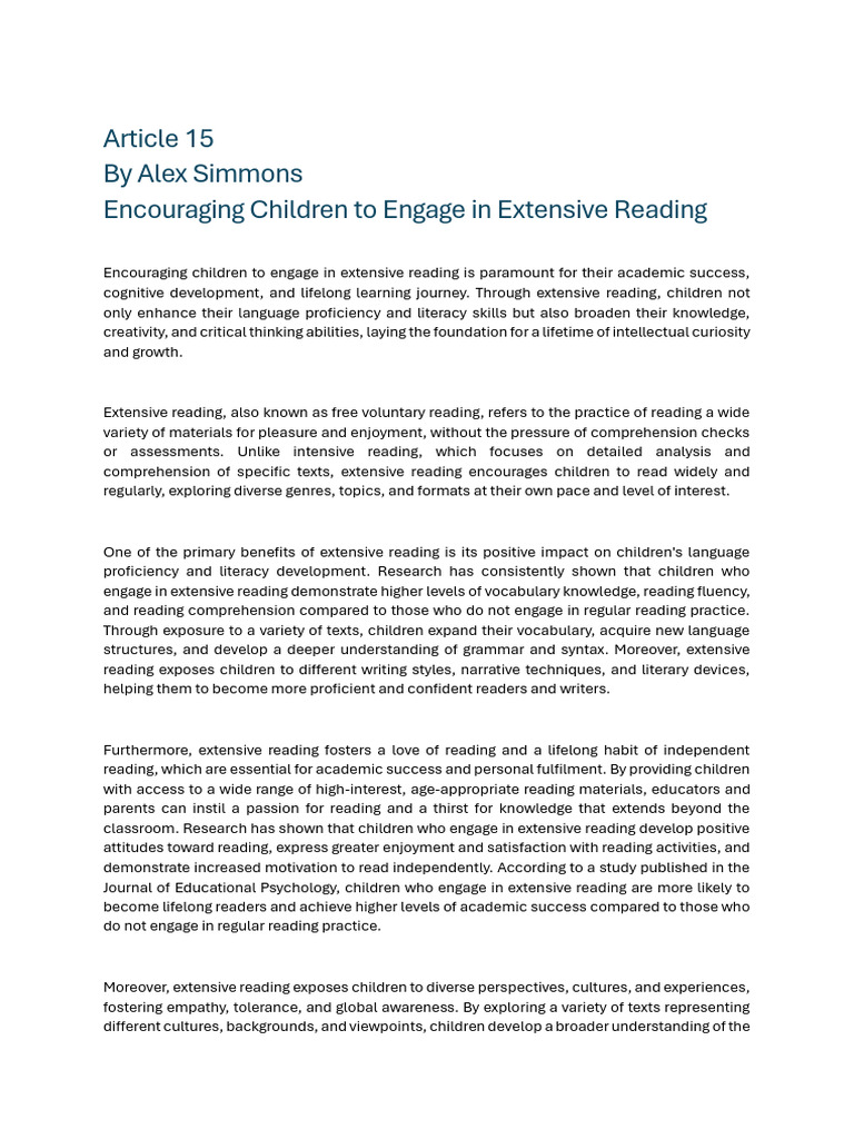 Article 15 by Alex Simmons Encouraging Children To Engage in Extensive Reading | PDF | Reading ...