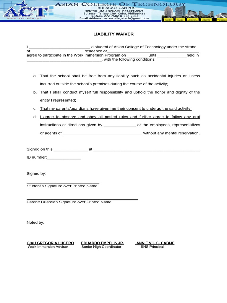 Work Immersion Program Liability Waiver | PDF
