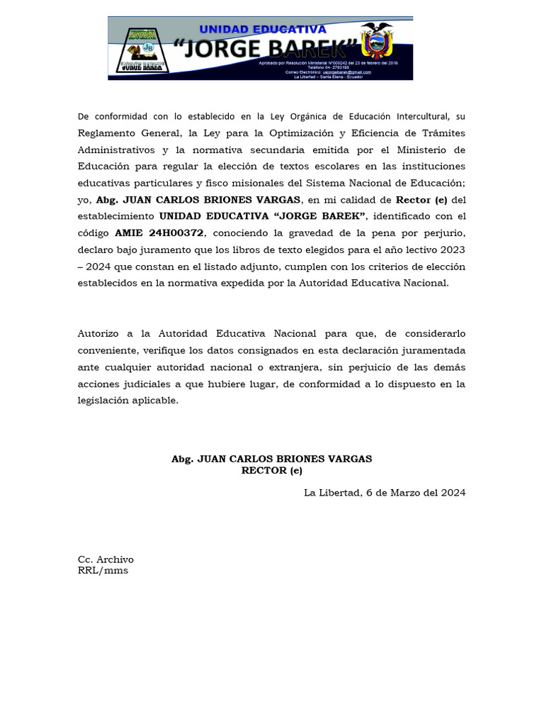 Declaracion Juramentada Libros 2024 2025 | PDF | Ecuador