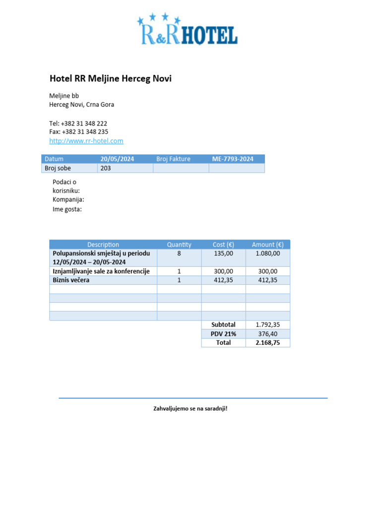 Hotel Herceg Novi Racun Primjer | PDF