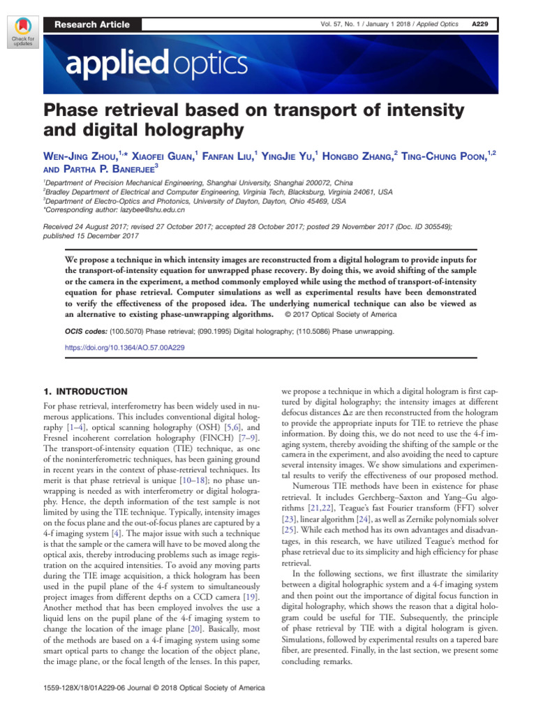 Phase Retrieval Based On Transport of Intensity and Digital Holography | PDF | Holography | Optics
