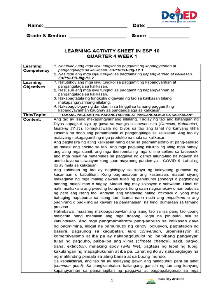 LAS - ESP - Quarter 4 Week 1 | PDF