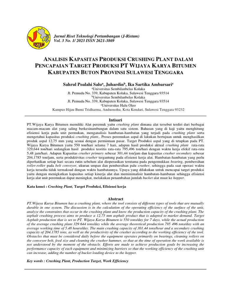 01 Jurnal Jristam Analisis Kapasitas Produksi Crushing Plant Dalam Pencapaian Target Produksi | PDF
