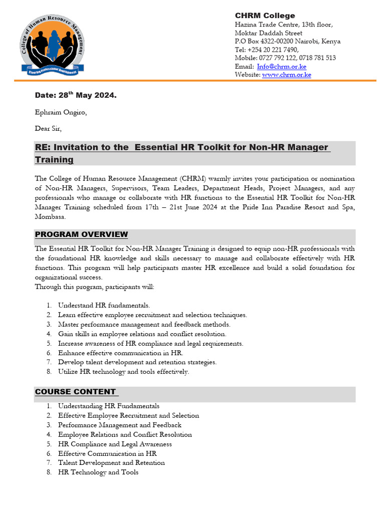 Essential HR ToolKit For Non HR Managers Invitation - Ephraim Ongiro ...