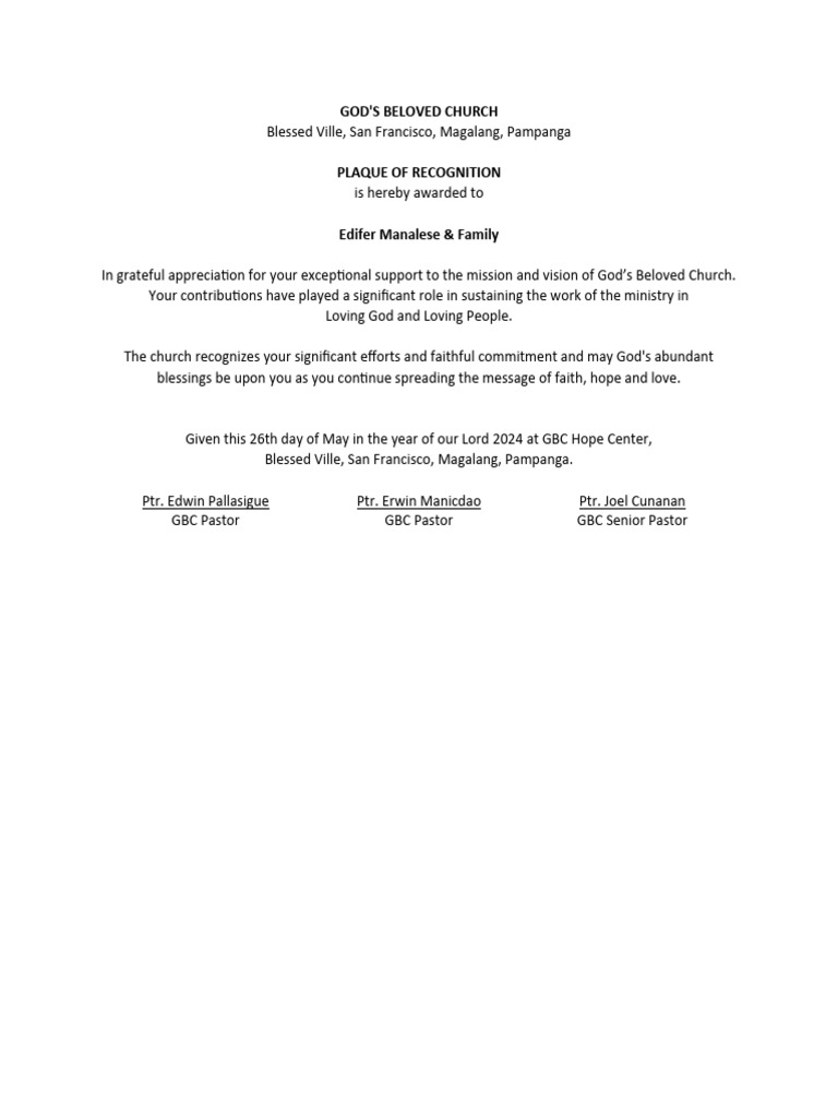 Plaque of Recognition - Sample | PDF | Conceptions Of God | Religious ...