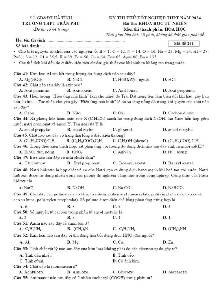 28 de Thi Thu TN THPT 2024 THPT Tran Phu Ha Tinh Lan 1 File Word Co Loi Giaidocx 1600 PDF ...