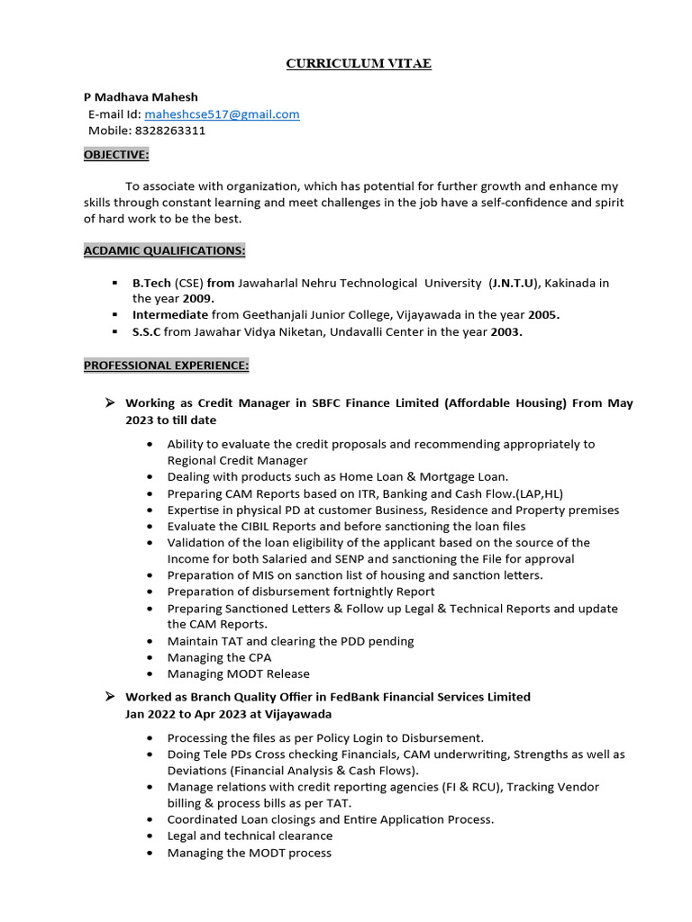 Resume Template For BCM | PDF | Loans | Credit