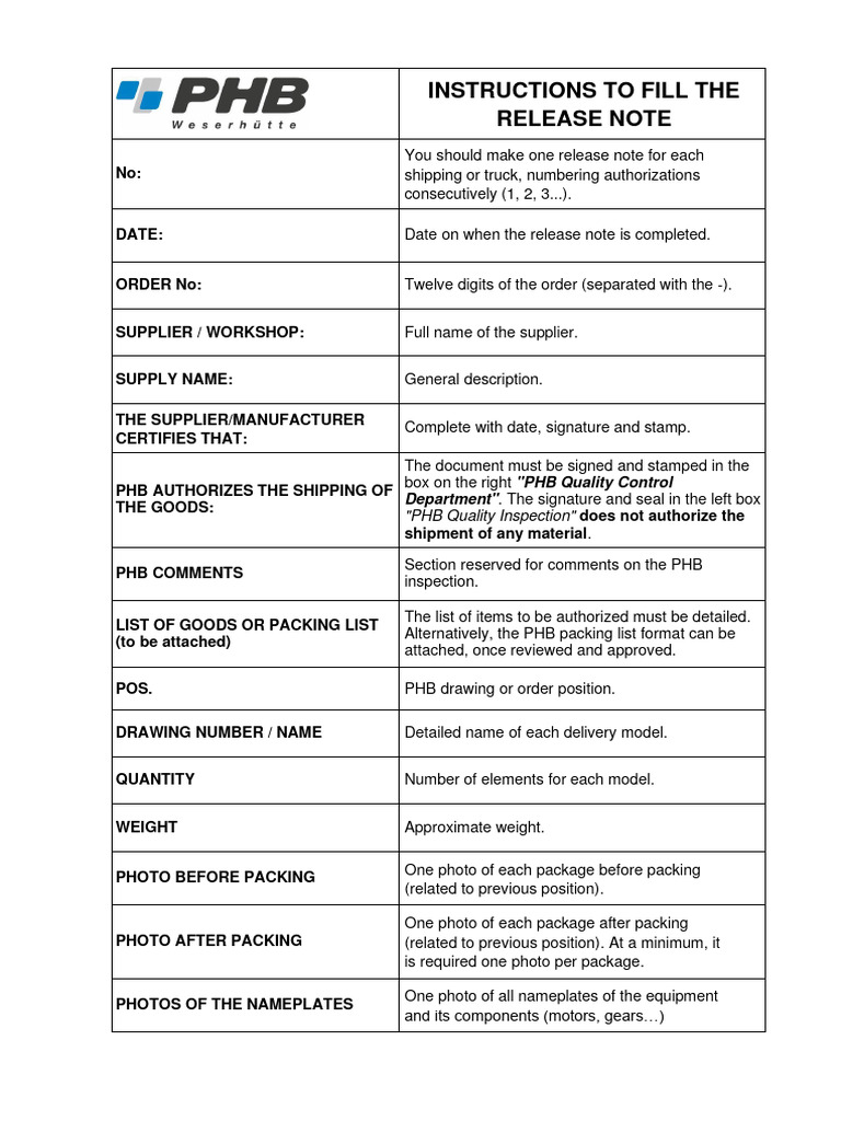 Shipping Release Note Instructions | PDF